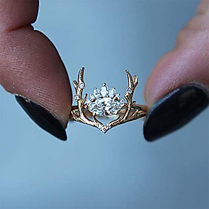 Sdouefos Fashion Glittering Zircon Embellished Lovely Rose Gold Elk Antlers Zircon Wedding Ring Exquisite Cute Elk Antler Zircon Crystal Ring Birthday Anniversary Jewelry (7)