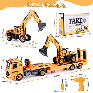 106 PCS Take Apart Trailer Truck & Excavator Toy Set with Electric Drill for 3-7 Year Old Boys and Girls - Friction Power Building Toy Truck Gift for Kids