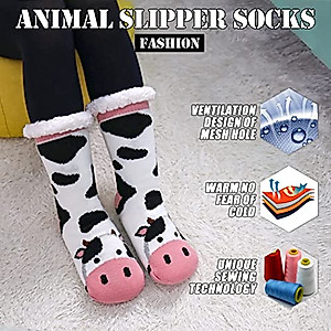 TRUEHAN Slipper Socks for Womens with Grippers Non Slip Winter Warm Fuzzy Fluffy Home Socks (White Cow)