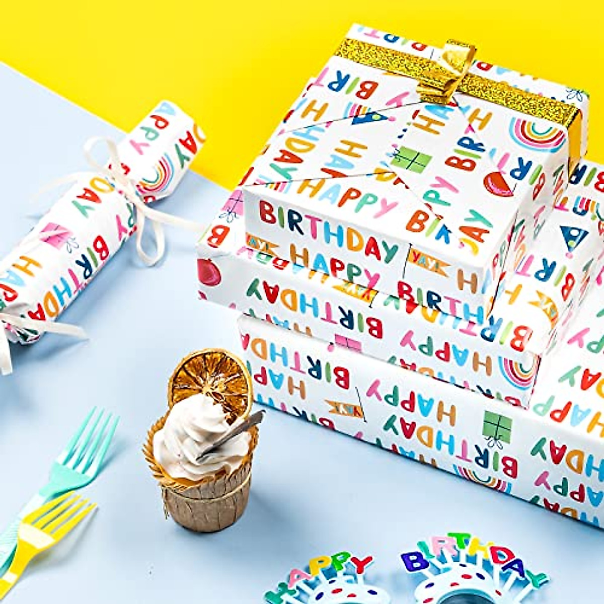 WRAPAHOLIC Birthday Wrapping Paper Roll - Happy Birthday Lettering and Gift Box Design for Birthday, Holiday, Party, Baby Shower - 30 Inch x 33 Feet