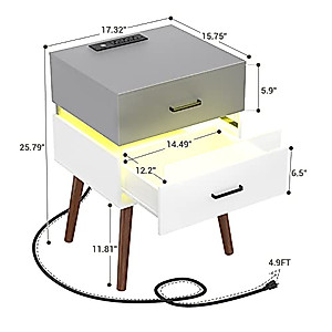 armocity Nightstands with Charging Station and LED Light, Bedside Table with 2 Drawer, Modern Night Stand with Charging Port, Sturdy NightStand with Light for Bedrooms, Guest Room, Gray and White