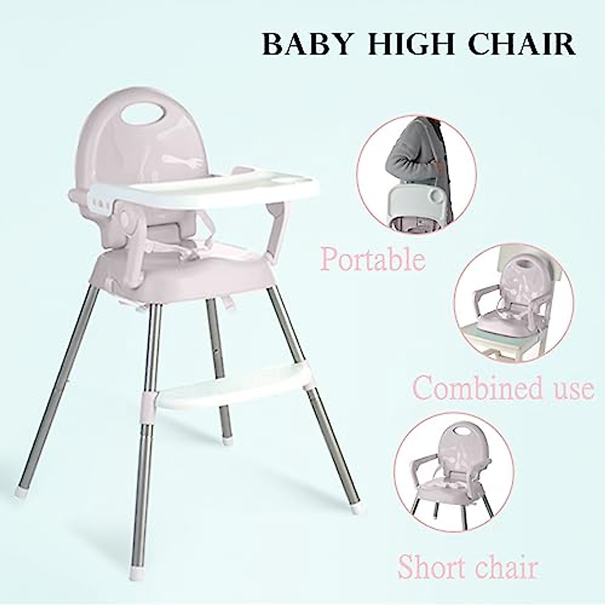 Baby high Chair, Multifunctional 3 in 1 Adjustable high Chair, Removable 3-Position Adjustable Tray, Multipurpose 3-Point Safety Harness (Grey)