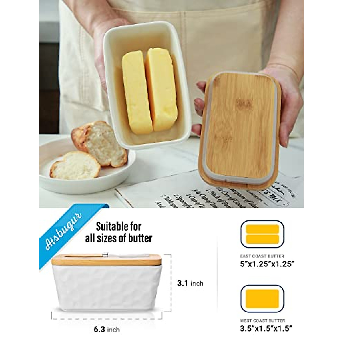 Large Butter Dish with Lid for Countertop Porcelain Butter Container with Knife Double Silicone Seal Butter Dishes with Covers Perfect for West or East Coast Butter, Unique Stone Pattern White