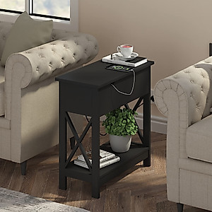 ChooChoo End Table with Charging Station - Narrow Flip Top Side for Small Spaces, Bedside Table with USB Ports & Power Outlets, Storage Nightstand Sofa Table for Living Room, Bedroom (Black).