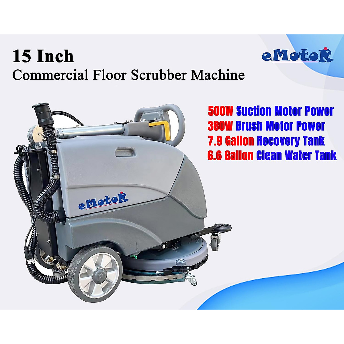 Emotor 15'' Foldable Walk Behind Hand Push Floor Scrubber Machine for Industrial Commercial Use, Upgrade Automatic Water Flow, Machine Size 32"X18"X25"(Gray)