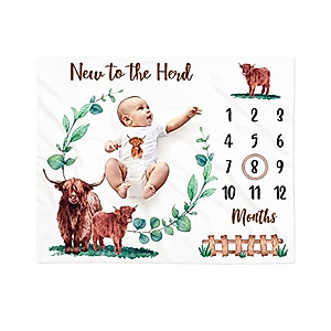 Eunikroko Highland Cow Baby Monthly Milestone Blanket Scotland Photo Prop Blanket with Greenery New to The Herd Cattle Gift Ideas for Newborn Boy Girl Nursery Décor Baby Shower 40" X 50"