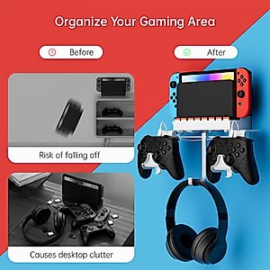 Hosanwell Switch Wall Mount, Wall Mount for Switch/Switch OLED, with Hooks for Hanging Joy-Cons, Dual Controller Holder with Non-Slip Mat, White