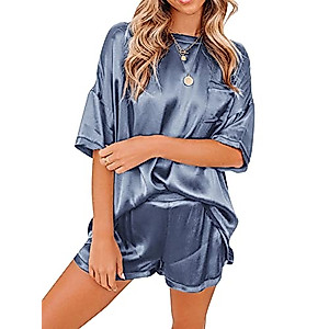 LYANER Women's Satin Silky Pajamas Set Short Sleeve T-shirt With Shorts Set PJs Loungewear Dusty Blue Small