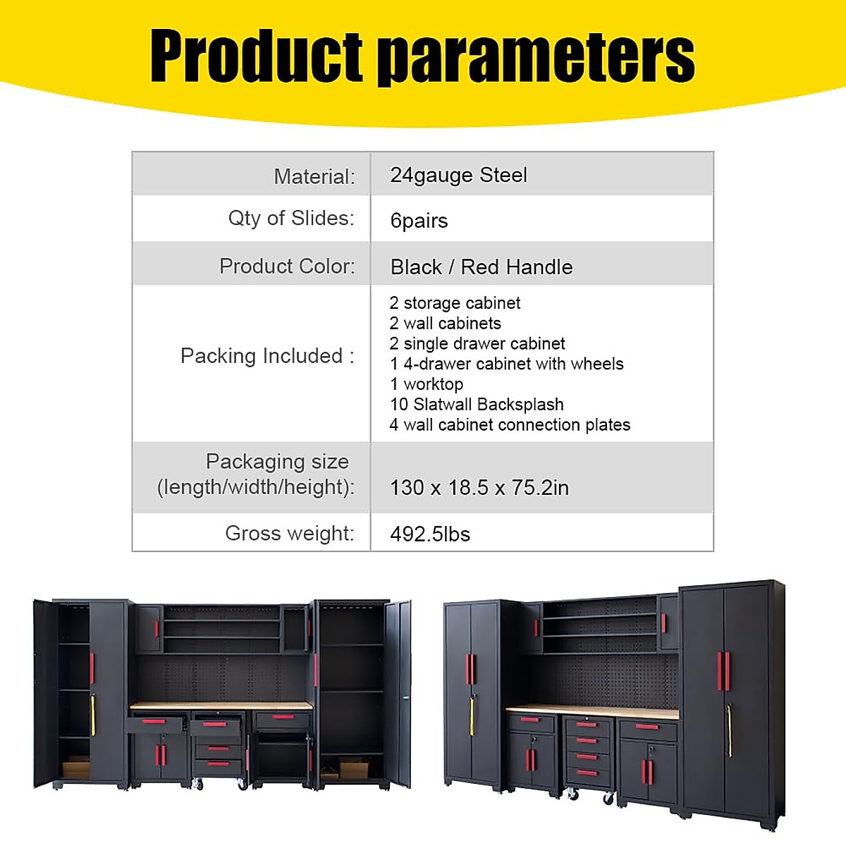 4utoHydra 9-Pcs Workshop Cabinet Set in Black with Workbench - Perfect for Organizing Garage and Tools - Included Steel Cabinets Drawers Shelving Rolling Chest, RD-QGPGC103000