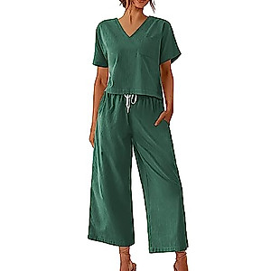 Ekouaer Women's 100% Cotton Linen Lounge Set Short Sleeve Top Wide Leg Pant Pajama Set Outfits,Viridian,X-Large