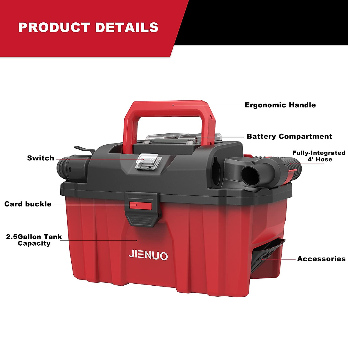 JIENUO Cordless Shop Vac Wet and Dry, with 20V 4.0Ah Battery and Charger, 2.5 Gallon Shop Wet Dry Vacuum Cleaner with Blower Function, Portable Commercial Vac for Car, Home and Garage