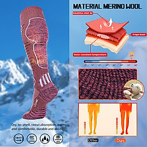 Merino Wool Ski Socks Mens Womens 2 Pairs for Skiing, Snowboarding, Thermal Knee High Winter Warm Sports Performance Socks