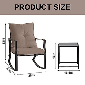 Outdoor Rocking Chair 3 Piece Rocking Bistro Set,Patio Steel Conversation with Glass Coffee Table and Cushions,Patio Outdoor Furniture Porch Chairs for Garden,Balcony, Pool, Backyard (Khaki)