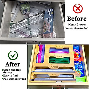 Bamboo 6 IN 1 Foil And Plastic Wrap Organizer With Ziplock Bag Storage Organizer for Kitchen Drawer, TIGARI Plastic Wrap Dispenser With Cutter, Suitable for Wrap, Foil, Gallon, Quart, Sandwich Bags