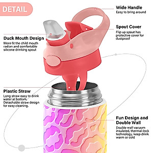 Children Insulated Water Bottles with Straw for School Kids Rainbow Leopard Print Cheetah Animal Stainless Steel Vacuum Double Wall Keeps Hot and Cold with Handles