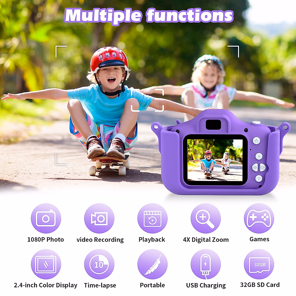 Kids Camera for Girls and Boys, Upgrade HD Digital Camera with Soft Silicone Cover, Toddler Camera Birthday Gifts Toys for Age 3 4 5 6 7 8 9 10 11 12,32GB SD Card,Video Recorder 1080P