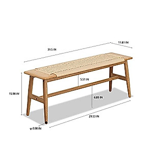 Tennozu Woven Bench, 32" L FAS Grade 100% Solid Oak Wood Dining Room Bench w/Rustic, Hand Woven Design, Firm Mortise & Tenon Structure, Long Bench for Dining Room/Entryway/Bedroom, White (Beige)