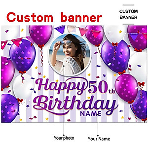 Custom Happy 50th Birthday Decoration Banner - Personalization Available, Purple, Large Size - Custom Photos and Names