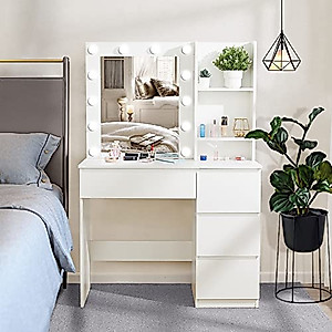 Makeup Vanity with Lights, 37inch Vanity Desk, 4 Large Drawers Dresser with Lighted Mirror, 3 Lighting Modes Brightness Adjustable, White