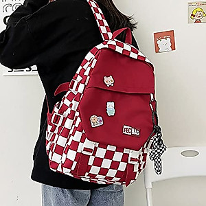 Harajuku Large Fashion Checkered Plaid Backpack Cute Pendant Pins girl boy teen Student School Bag Bookbag Satchel Laptop (Red,Large)