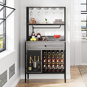 Tribesigns 64" Wine Rack, 5-Tier Wine Bar Cabinet with 6 Hooks, 32-Bottles Large Capacity Liquor Cabinet with Wine Bottle Holders, Wine Bar for Kitchen, Dining/Living Room, Wine Cellar, Retro Grey