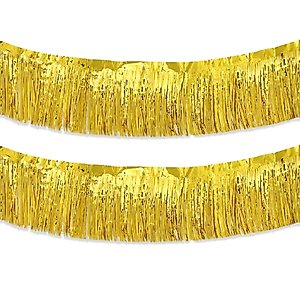Gold Foil Fringe Garland 10FT 2packs, Metallic Foil Tinsel Fringe Banners for Parade Float Decorations Wedding, Birthday Party Graduation (Two Gold)