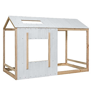 Twin Size Montessori Bed Frame, Twin Size House Floor Bed Frame with Headboard, Roof and Window, Wood Montessori Floor Bed for Kids, Twin Size Bed Frame Natural Antique White