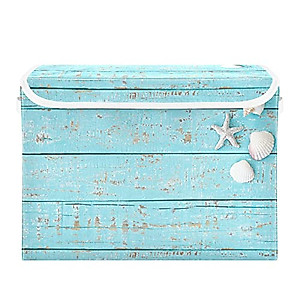 GOODOLD Blue Vintage Wooden Starfish Storage Bins with Lids, 16.5x12.6x11.8in Large Collapsible Fabric Storage Boxes with Handles, Stackable Cube Organizer Containers for Closet Home Office