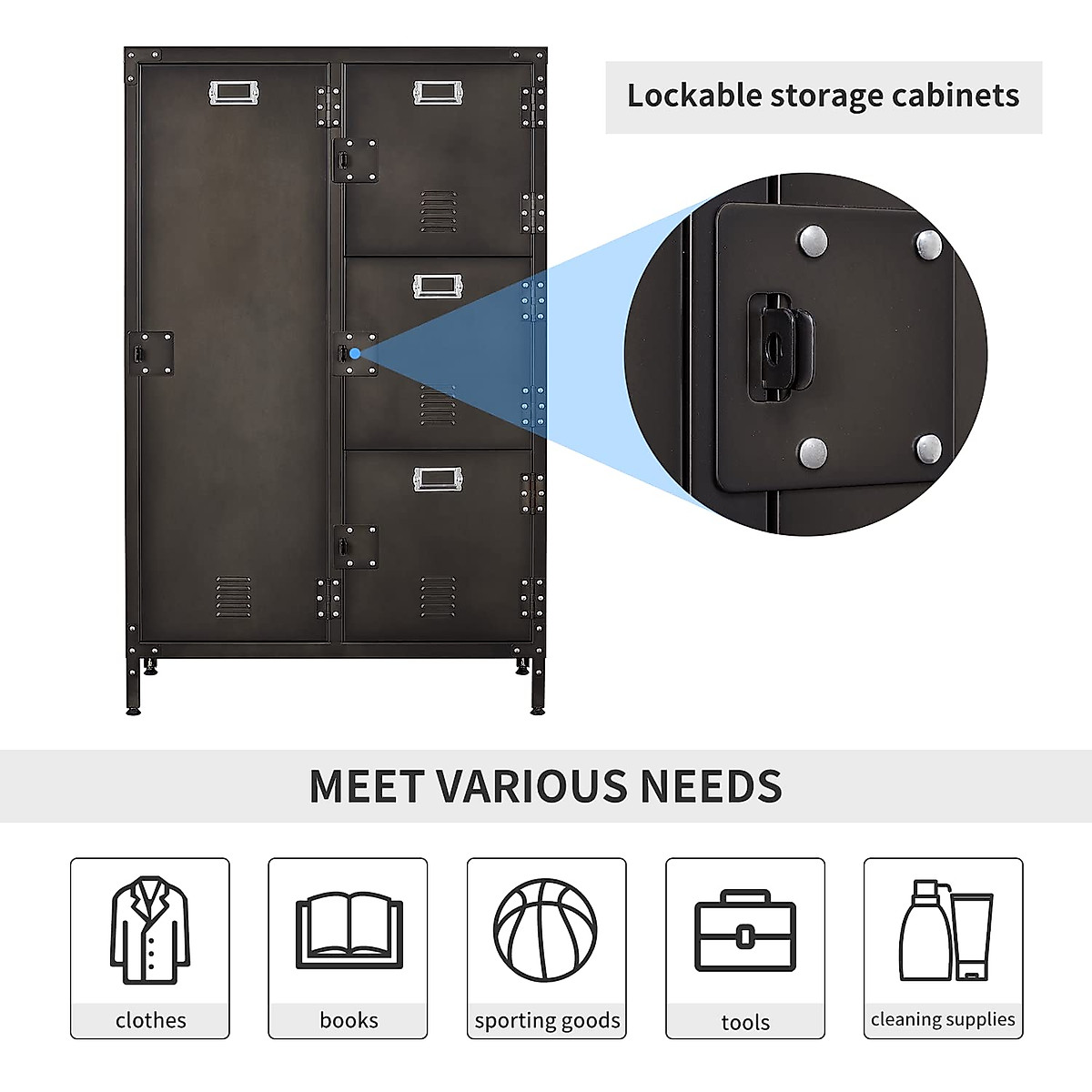 BYNSOE Metal Locker Storage Cabinet, 55.11” Employees Locker Wardrobe Industrial Steel Storage Cabinet with Hanging Rod Bar, Shelves and 4 Lockable Doors Vintage Locker for Home, School, Office, Gym