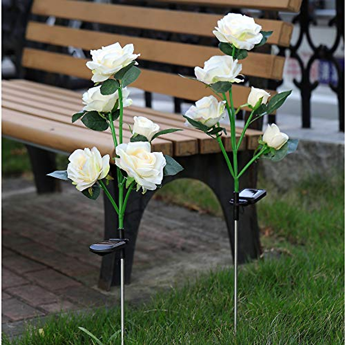 HDNICEZM Solar Garden Lights Outdoor Decorative - 2 Pack Upgraded Realistic 5 Rose Flowers Lights LED Solar Stake Lights Waterproof for Garden Backyard Patio Pathway Courtyard Decoration (White)