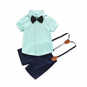 Kimocat Baby Clothes Gentleman Suit Style Short Sleeve Shirt + Bowtie + Short Suspenders (Green, 0-6 Months)