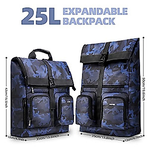 HOMIEE Travel Backpack Waterproof Roll Top Expandable Camo Backpack Casual Daypack, Water Resistant College Bag Computer Bag Gifts for Men Women Fits 15.6 Inch Notebook