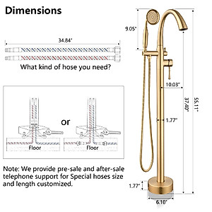 PROOX Freestanding Bathtub Faucet Floor Mounted, High Flow Free Standing Tub Filler with Hand Sprayer, Swivel Spout - Brushed Gold