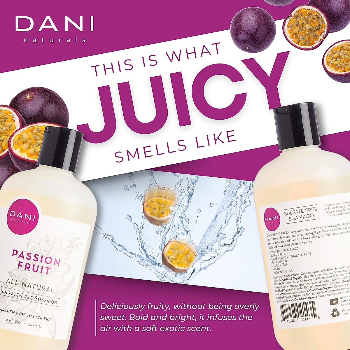 DANI Natural Moisturizing Shampoo Naturals - Juicy Passion Fruit Scent - Organic Aloe Vera & Coconut Cleansers - Sulfate, Phthalate & Paraben Free - Vegan & Cruelty Free - 12 Ounces