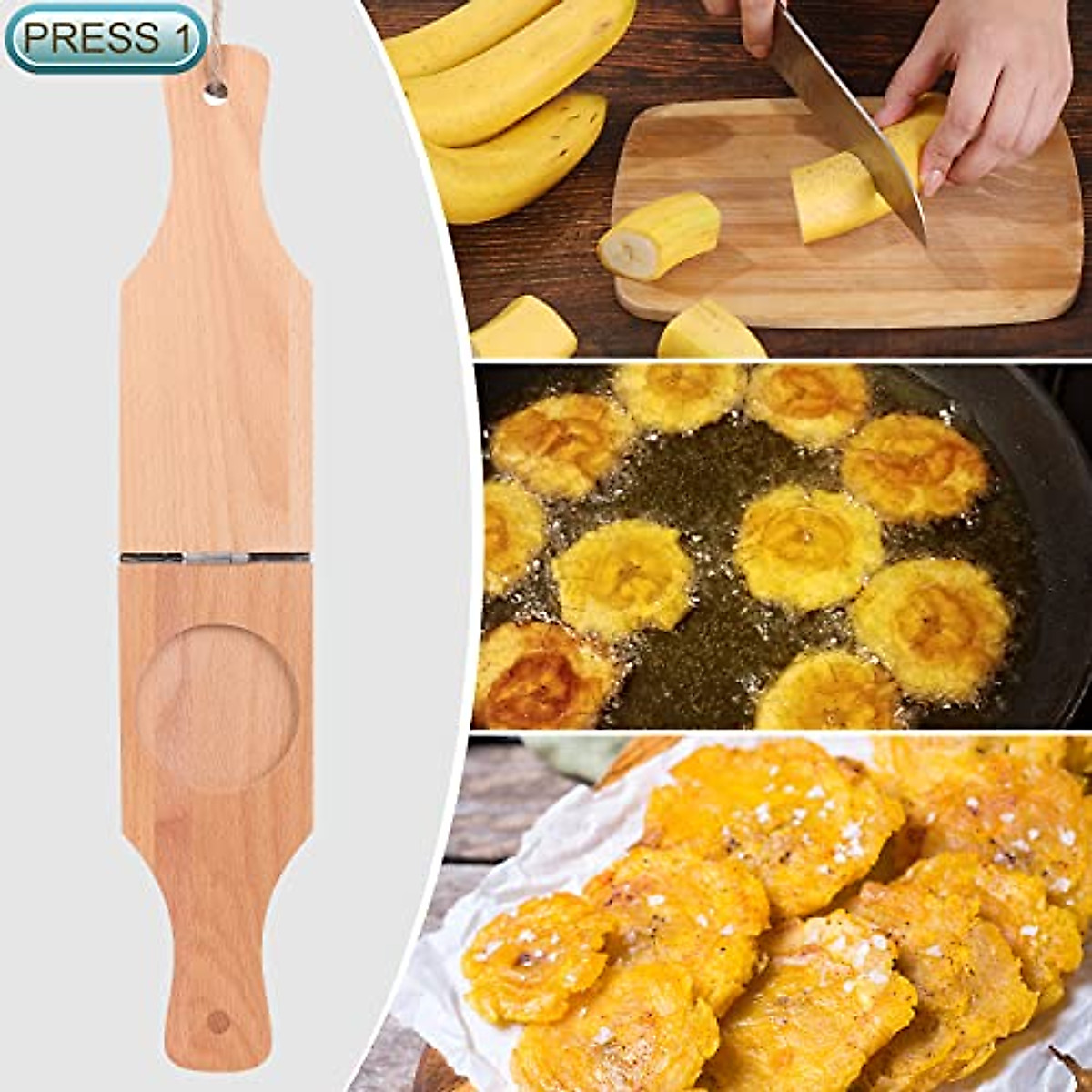 Wooden Tostonera Plantain Press Banana Smasher Maker Green Plantain's Wood 2 in 1 Crispy Tostones for Fried Plantains Chips &Tostones Cups,8.3''L x 3.1''W x 2.5''H (HTY02)