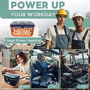 DUPASU Electric Lunch Box 60W Food Heated 12V 24V 110V Portable Food Warmer Heater for Car/Truck/Home Self Heating Box with 1.8L 304 Stainless Steel Container 0.45L Compartment (Green+Royal blue)