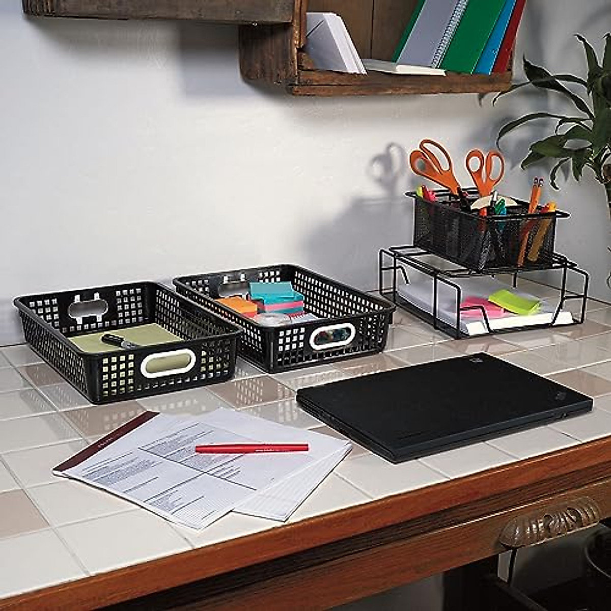Really Good Stuff Plastic Desktop Paper Storage Baskets for Classroom or Home Use – 14”x10” Plastic Mesh Baskets Keep Papers Crease-Free and Secure – Blue Neon Basket With White Handles (1 Basket)
