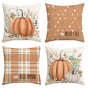AVOIN colorlife Hello Fall Hello Pumpkin Throw Pillow Covers, 20 x 20 Inch Autumn Thanksgiving Harvest Orange Eucalyptus Decorations for Sofa Couch Set of 4