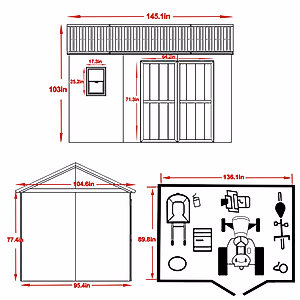 MUPATER 12 ft x 9 ft Outdoor Wood Shed with Metal Roof, Lean-to Storage shed Garden Furniture Tools with Lockable Door and Vents for Garden, Patio