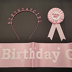 Happy Birthday Decorations Banner for Girls Pink Birthdy Girl Headband Sash Pin Button for Little Girls Birthday Party Favos Supplies Accessories , 4 Pcs