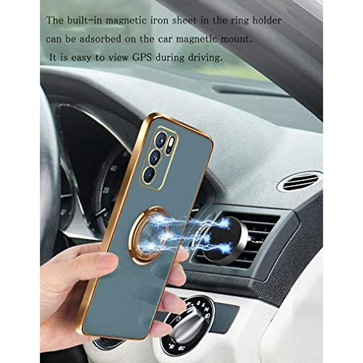 Wousunly Compatible with Oppo Reno 6 5G Case Ring Holder Magnet Green, Oppo Reno 6 5G Phone Case Silicone Shockproof Plate Luxury Slim Cover (Grey)