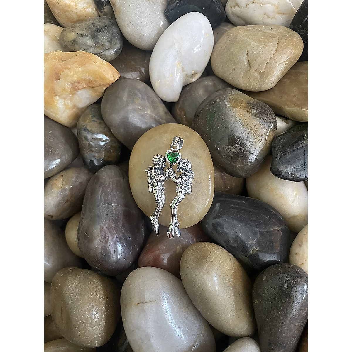 Jewelry Trends Scuba Divers Green Heart Sterling Silver Pendant