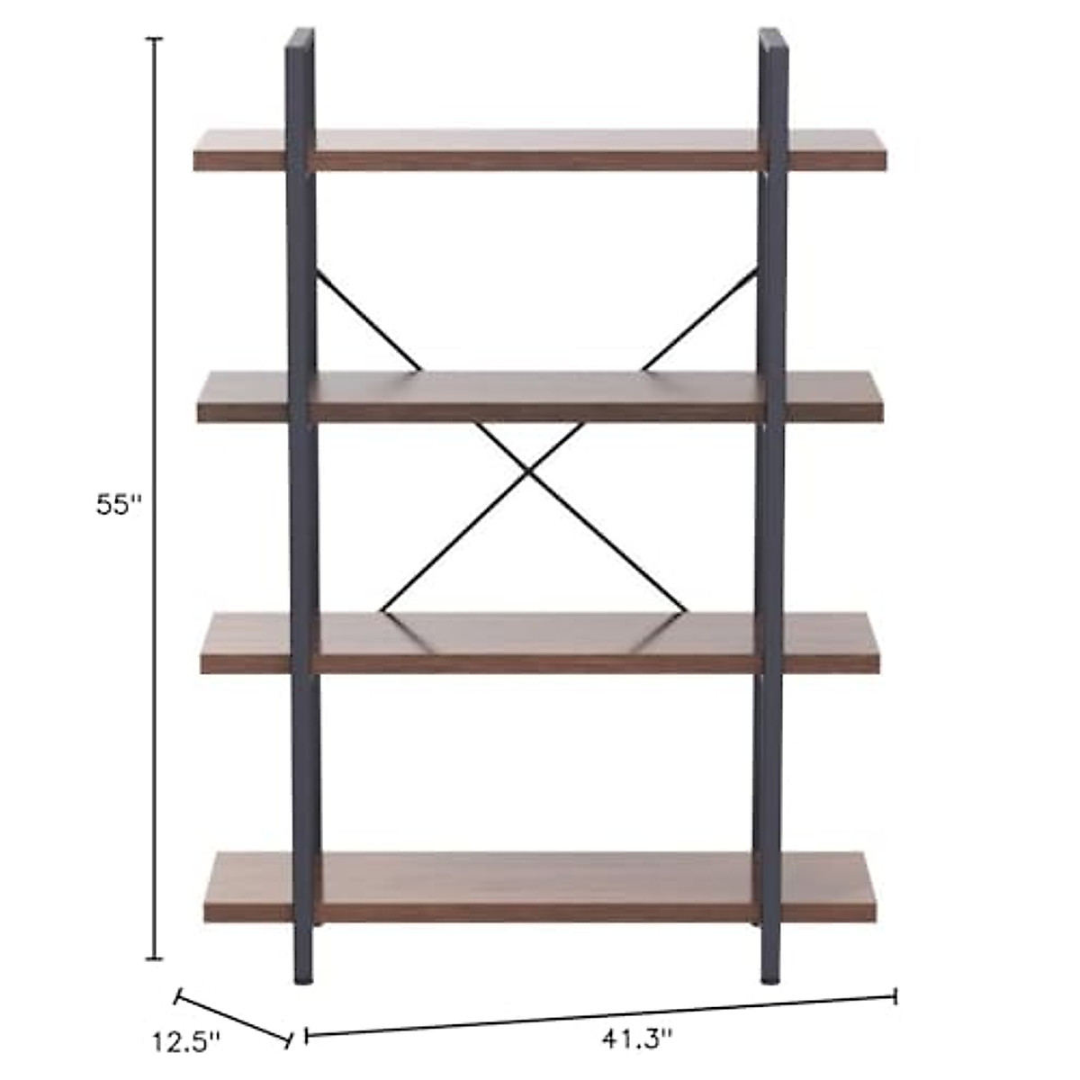 BELLEZE 4 Tier Modern Rustic Industrial Bookshelf, Open Wide Office Etagere Book Shelf, Wood and Metal Bookcases with Storage Display Rack - Hazel (Dark Walnut)