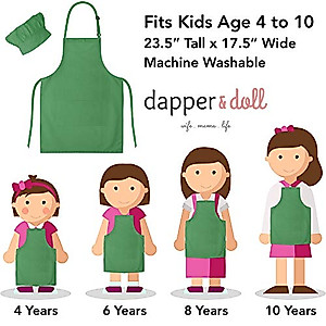 Dapper&Doll Kids Apron and Chef Hat - Gift Set for Boys Girls Ages 4-10 - Green