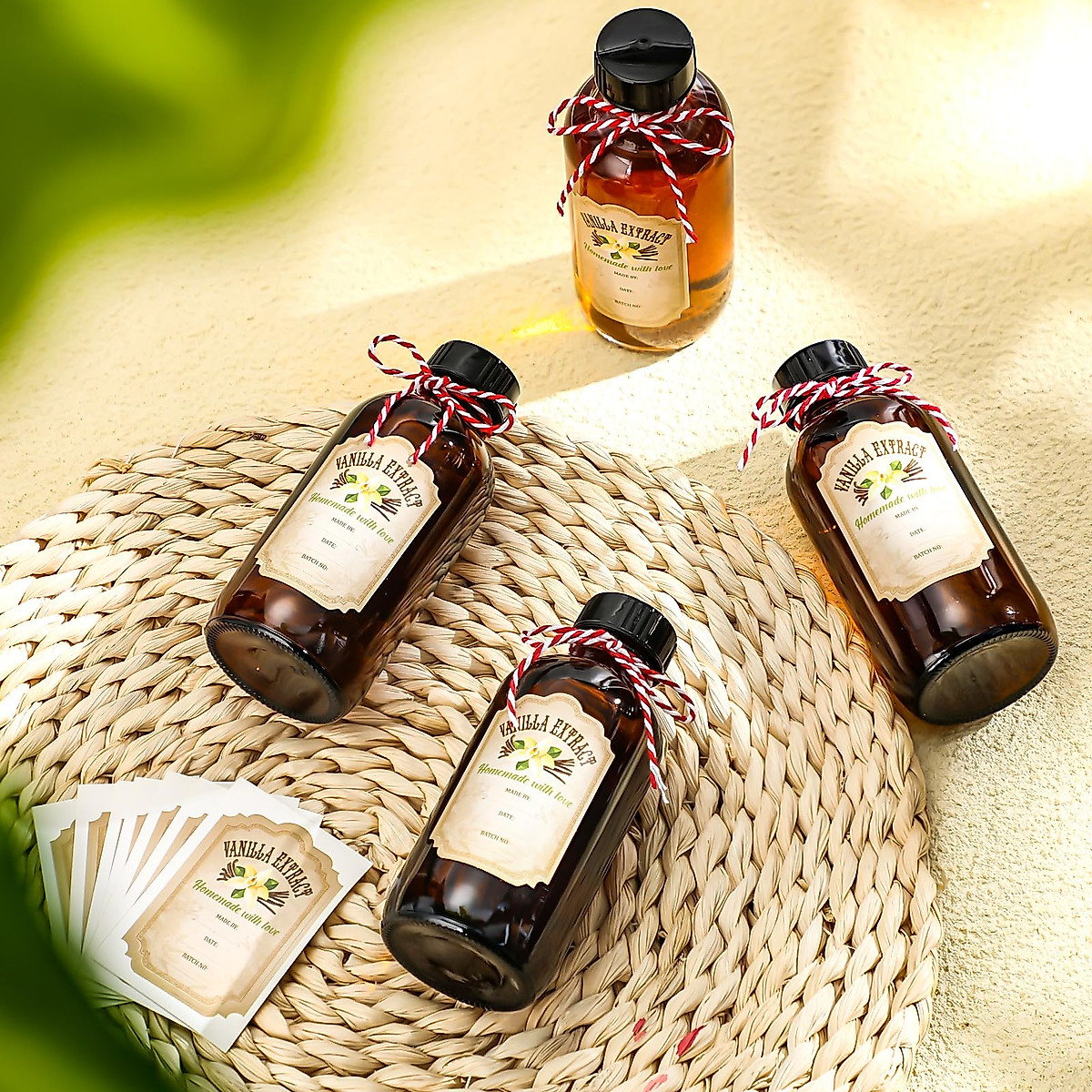 Uiifan 6 Pack Amber Glass Bottle Boston Round Bottles with Caps Brown Vanilla Extract Bottles and 6 Pcs Vanilla Extract Stickers for Syrup Gift Glass Food Storage Canister Set Sauce Beans(4 oz)