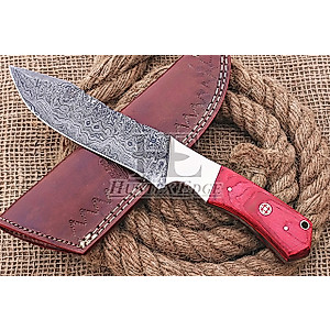 HUNTEX Handmade Hand-Forged Ladder Pattern Damascus Steel 10 Inch Long Full Tang Pakka Wood Handle Razor Sharp Hunting Camping Big Game Hunter Knife w/Genuine Leather Pouch