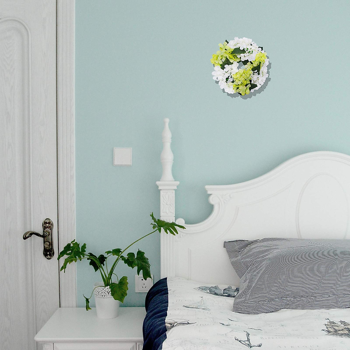 14'' Flower Wreath Small Hydrangea & Green Leaves Wreath with Real Grapevine for Front Door Windows Porch Home Window Wall Garden Decor