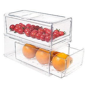 elabo Stackable Refrigerator Organizer Drawers with Removable Drain Tray, Fridge Organizer Bins, Pull Out Food Storage Container Bins with Drawer for Freezer and Kitchen, BPA-Free, Clear, 3 Pack