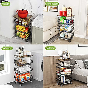 4 Tier Fruit Basket for Kitchen - Stackable Fruit and Vegetable Storage Cart with Wooden Top Rolling Wheels Metal Wire Basket Organizer for Onions Potatoes Storage Utility Rack Bins for Kitchen Pantry
