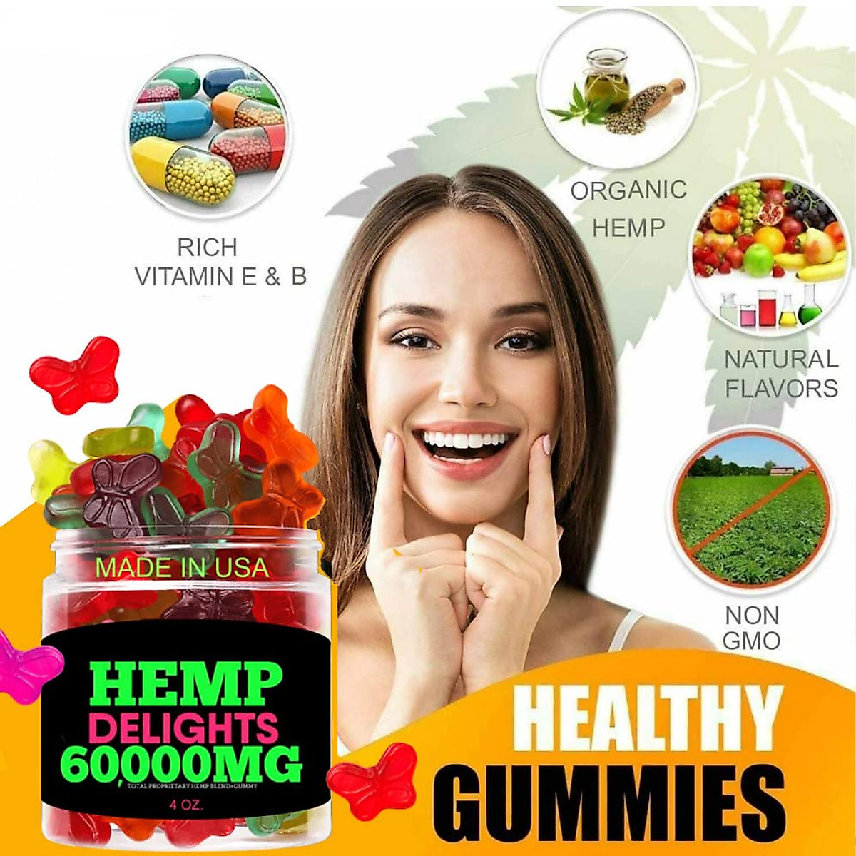 HEMP GUMMIES BEST TASTING, BUTTERFLY SHAPED, FRESH FRUITY, NATURAL HEMP for SLEEP-MADE in USA-4 OZ.